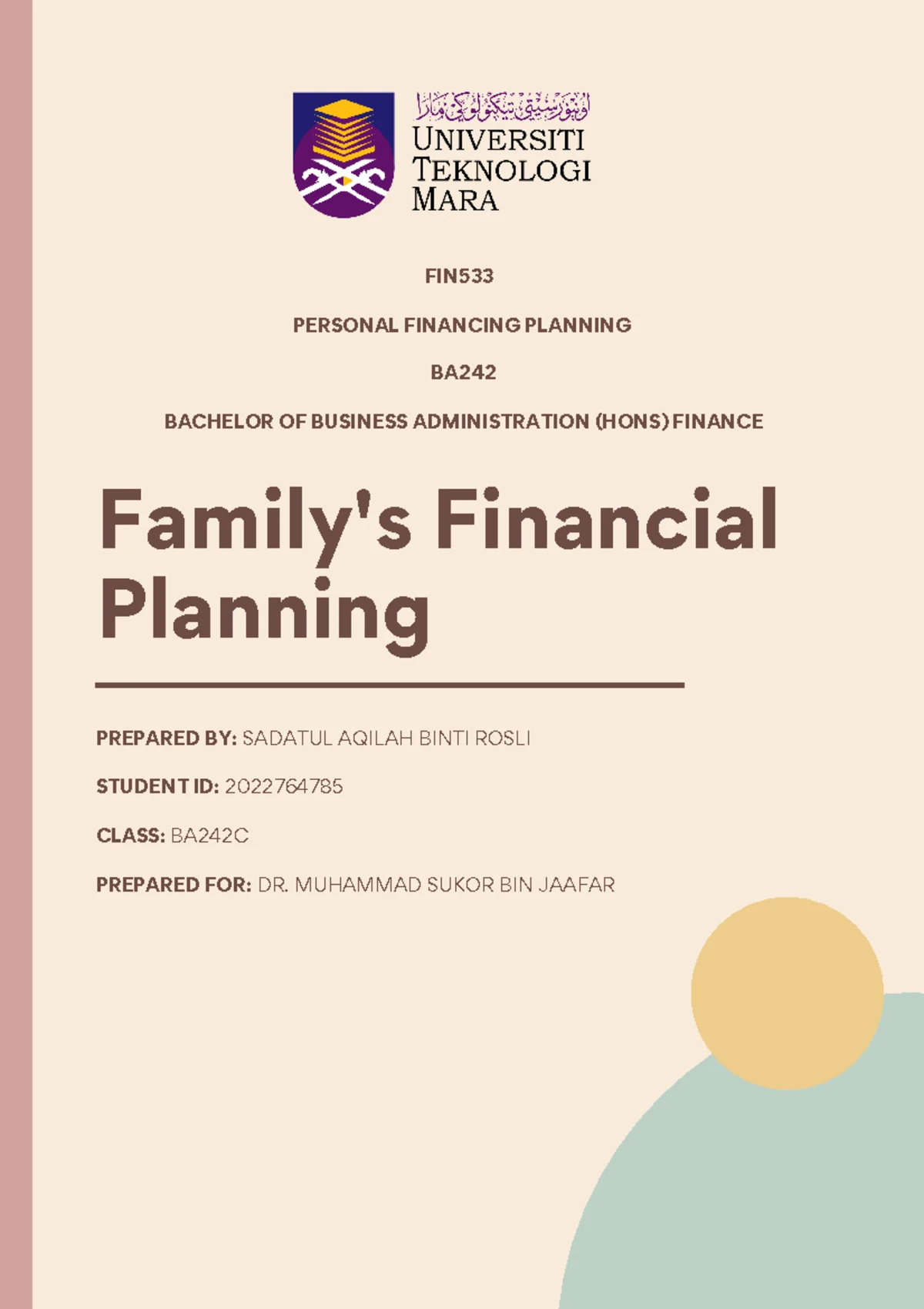 Individual Assignment FIN533 - PERSONAL FINANCIAL PLANNING FIN TITLE ...