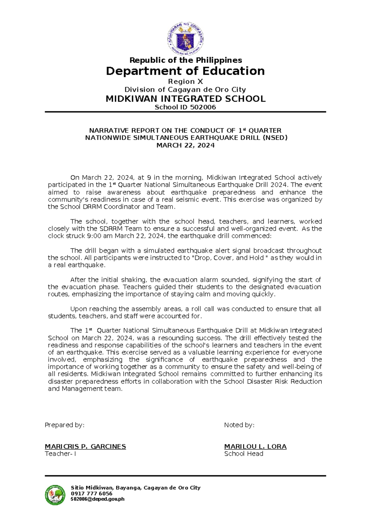 1st Quarter NSED 2024 Earthquake Drill Narrative Report - Studocu