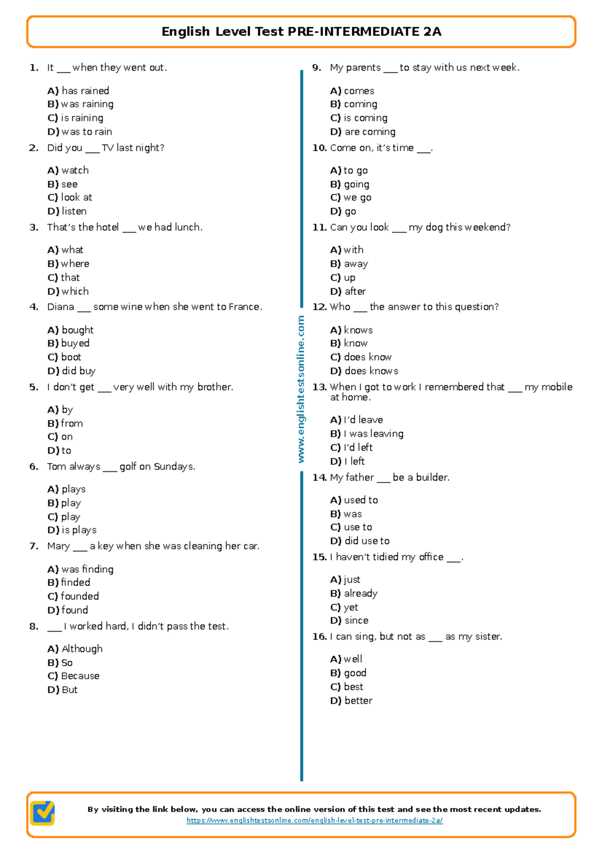 English Level Test: Pre-Intermediate 2A Practice Questions & Answers ...