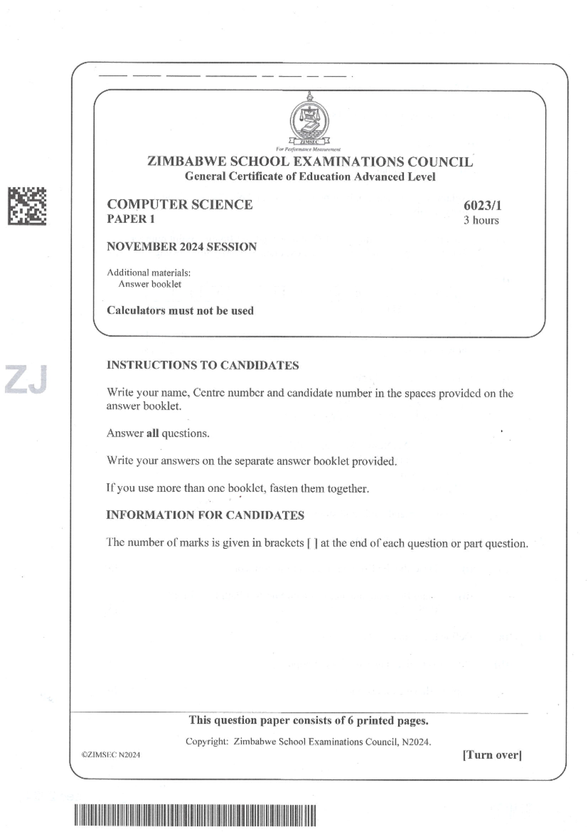 ZIMSEC N2024 Computer Science Paper 1 Exam Guide - Studocu