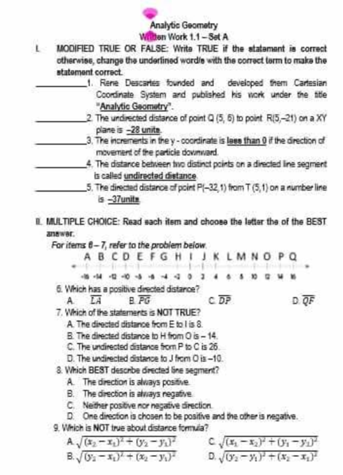 Analytic Geometry Quiz 1: Modified True or False & MCQs - Studocu
