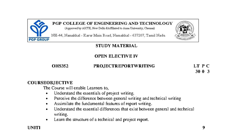 OHS352 Project Report Writing Study Material and Guidelines - Studocu
