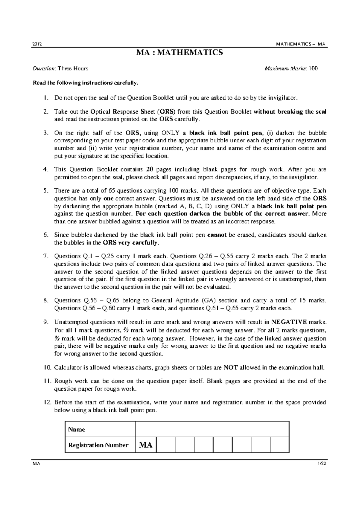 MA2012 - GATE Mathematics Paper Instructions and Guidelines - Studocu