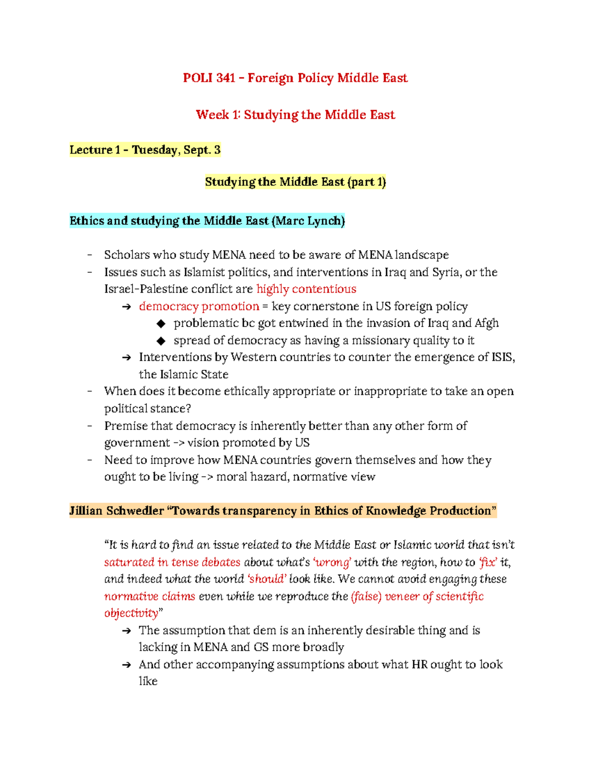 POLI 341 Lecture Notes: Foreign Policy in the Middle East (Weeks 1-2 ...