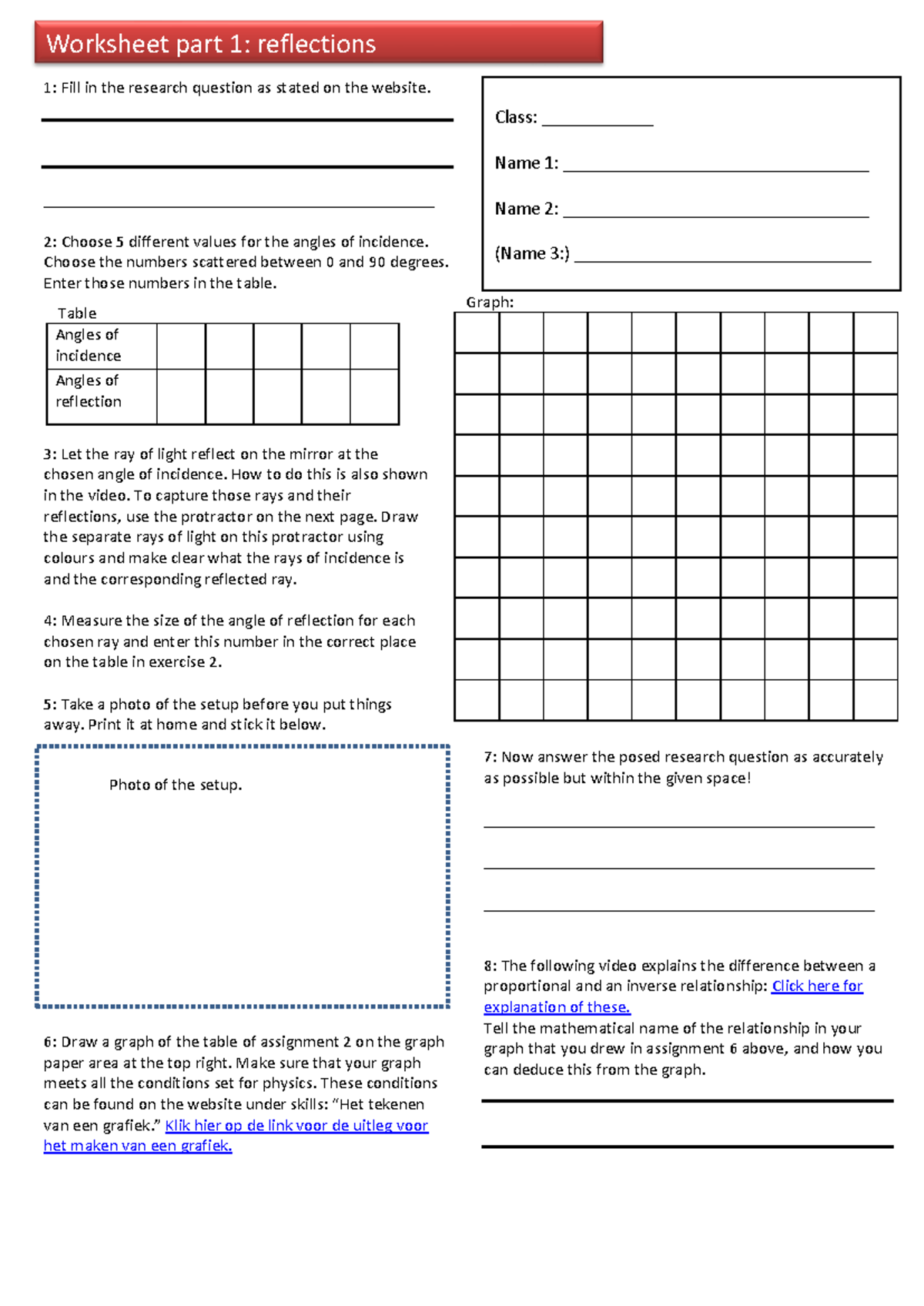 Worksheet: Physics Experiment Reflections on Light Angles - Studeersnel
