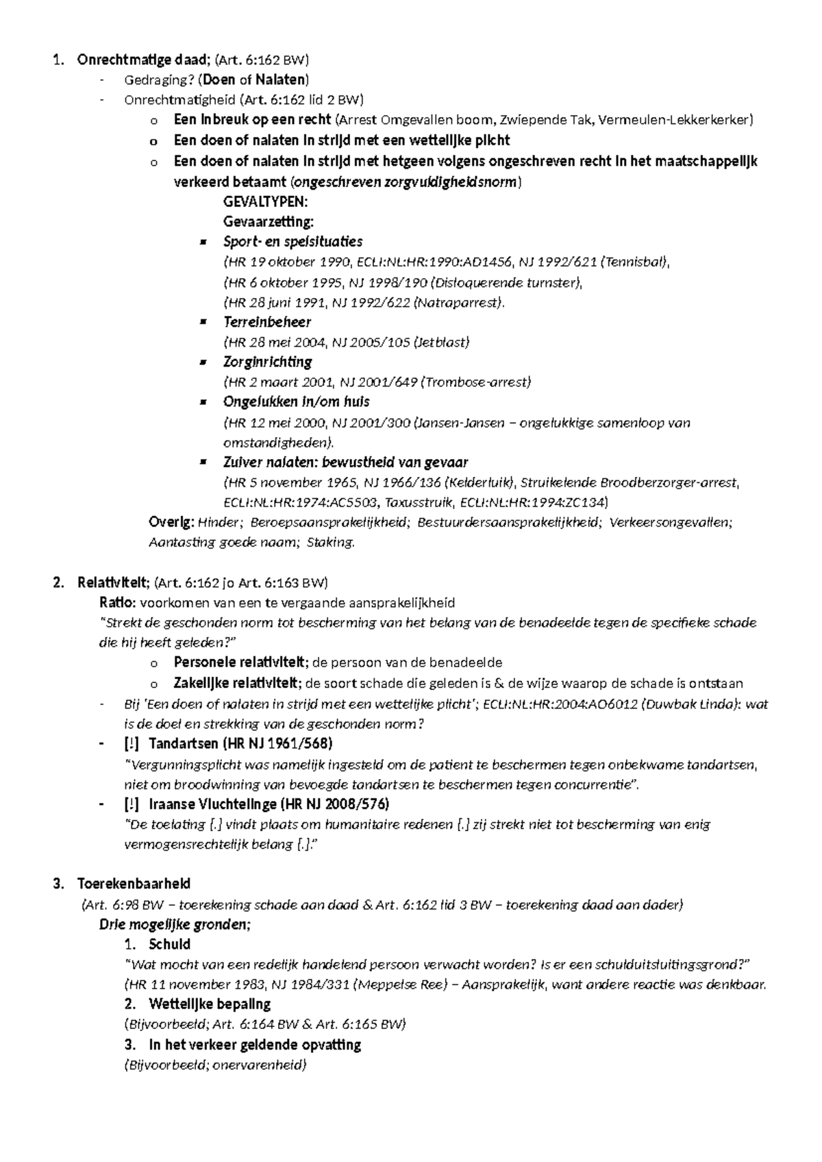 Sheet - Uitwerking Onrechtmatige Daad (Art. 6:162 BW) en Gevaltypen ...