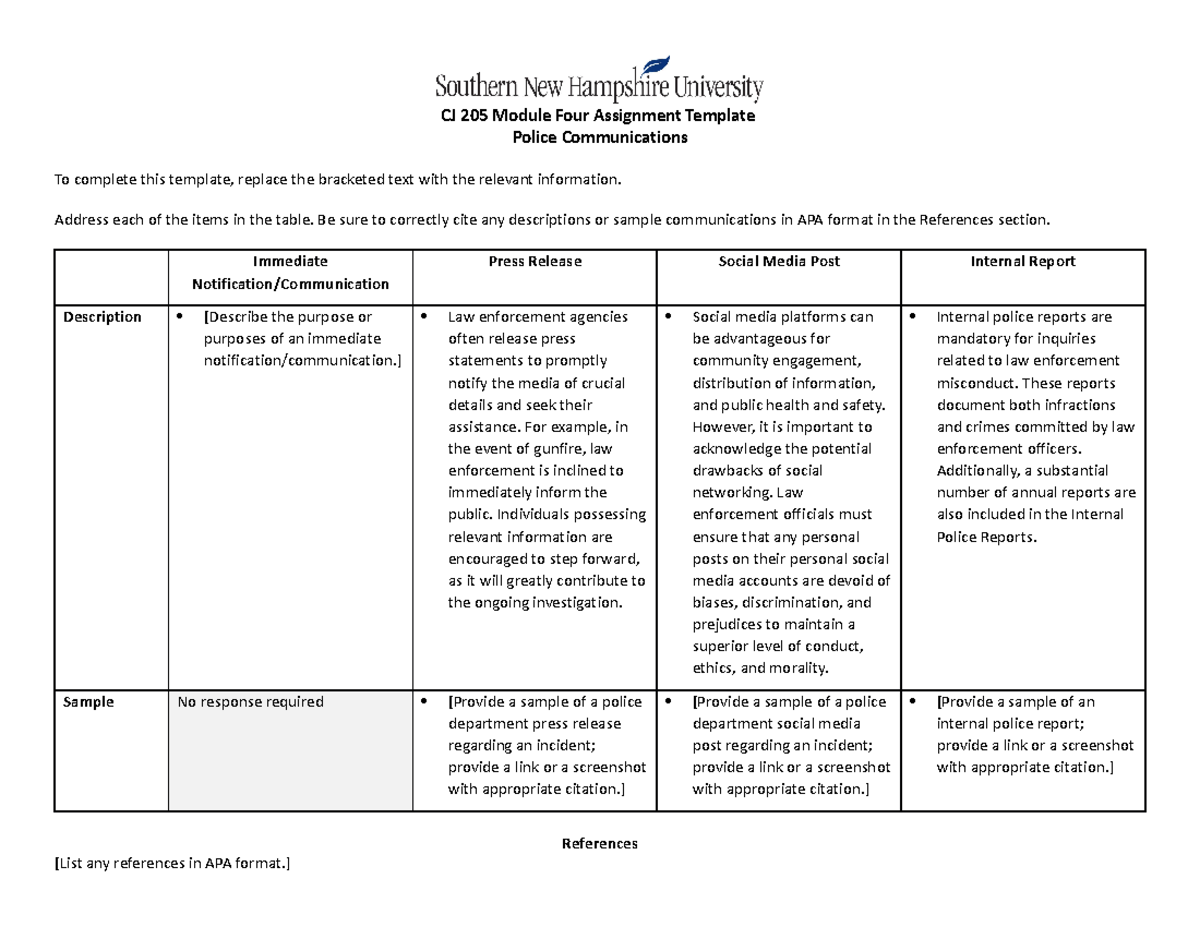 CJ 205 Module 4 Police Communications Assignment Template - Studocu