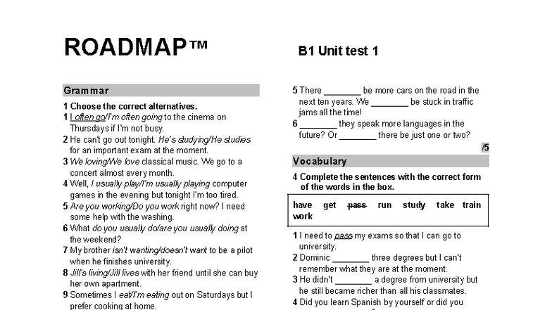 B1 Unit Test 1: Grammar & Vocabulary Practice - Studocu