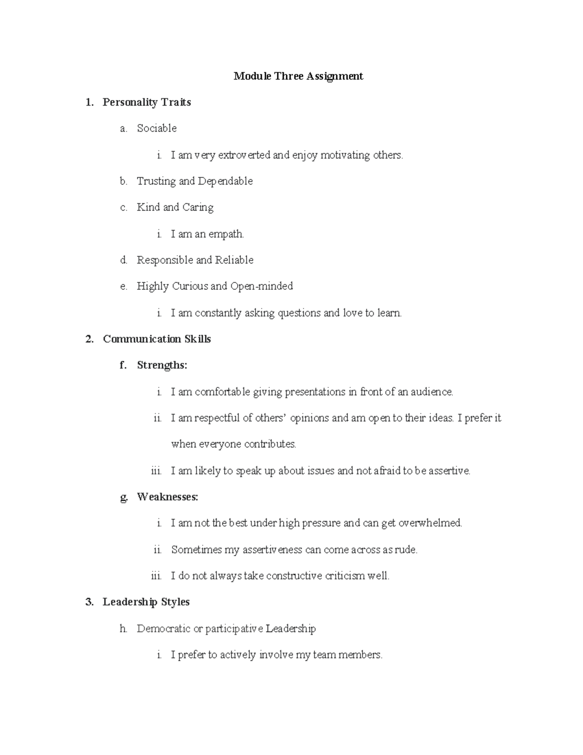 Module Three Assignment - Module Three Assignment Personality Traits a ...