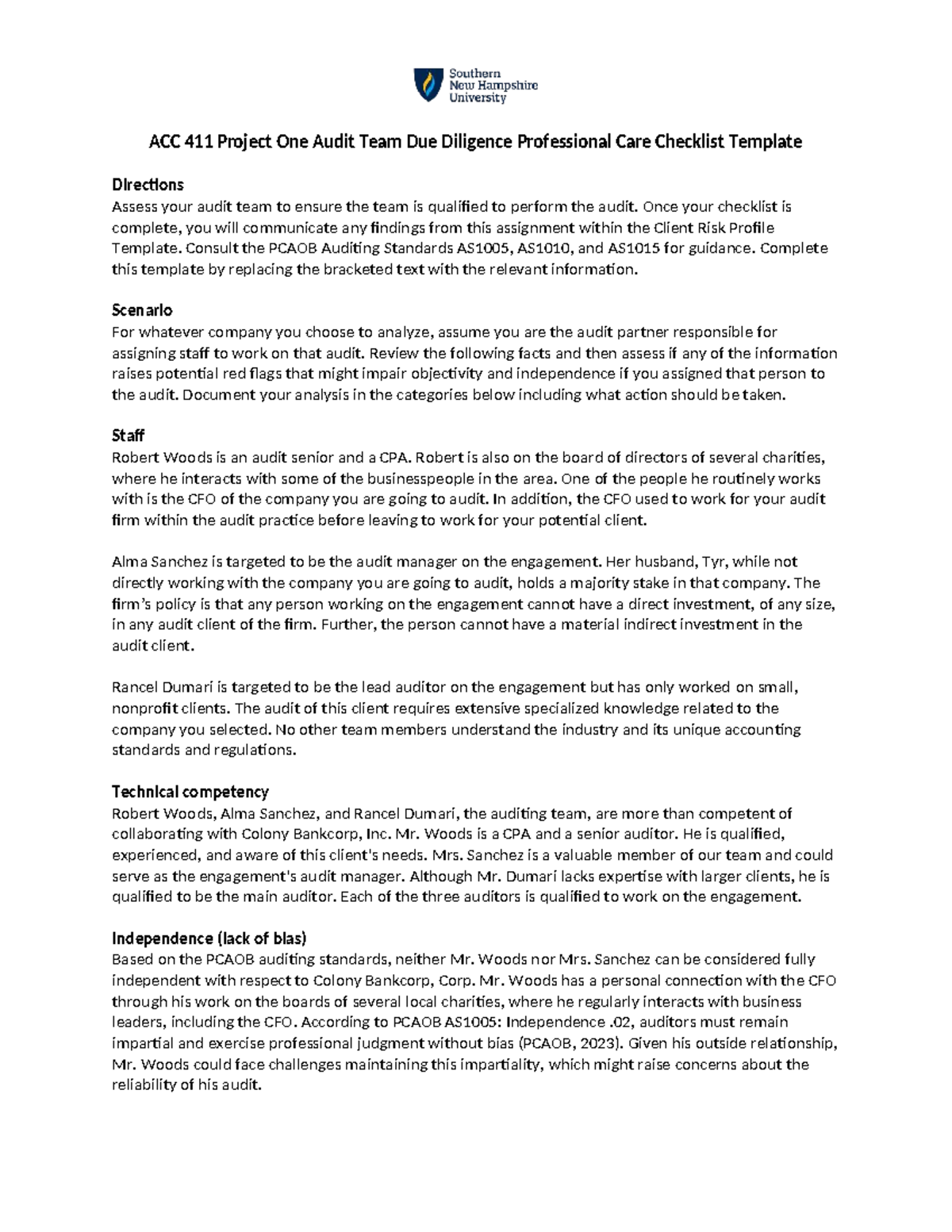 ACC 411 Project One Audit Team Due Diligence Checklist Template - Studocu