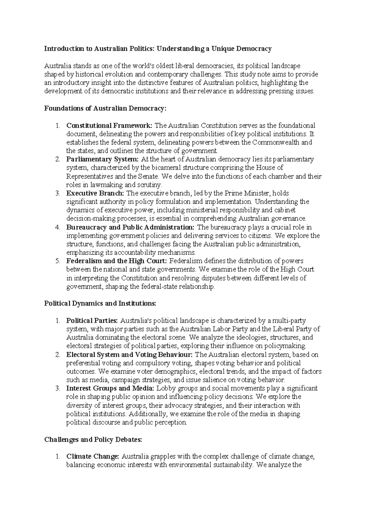 POLS10001 - Intro to Australian Politics: Key Features & Dynamics - Studocu