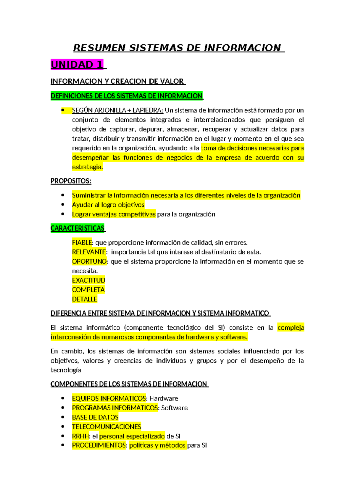 Resumen Sistemas de Información 1: Creación de Valor y Definiciones - Studocu