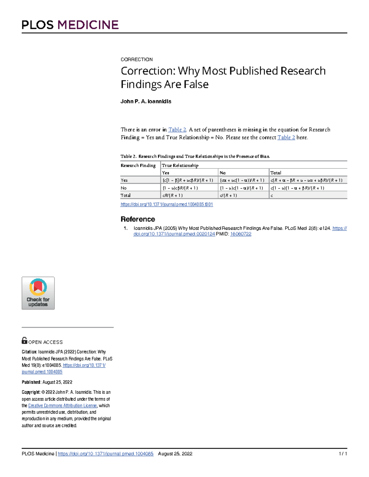 Correction: PLOS Medicine - Research Findings Are False - Studocu