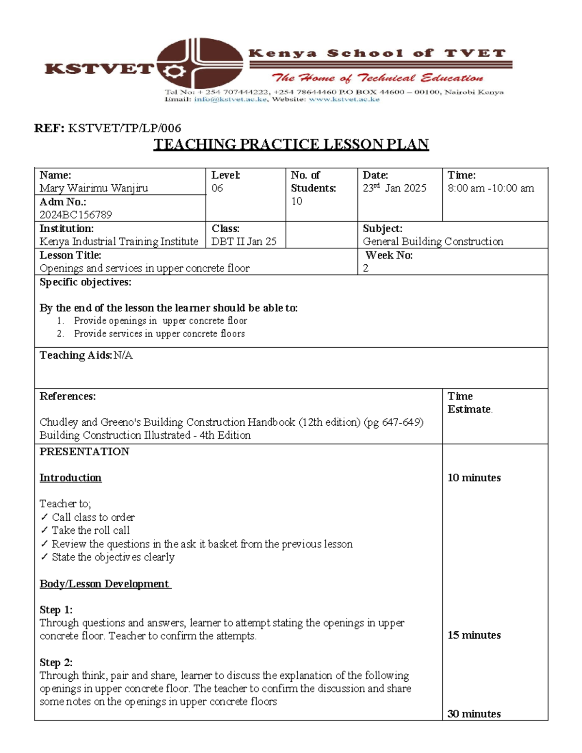 Teaching Practice Lesson Plan: Openings & Services in Upper Concrete ...