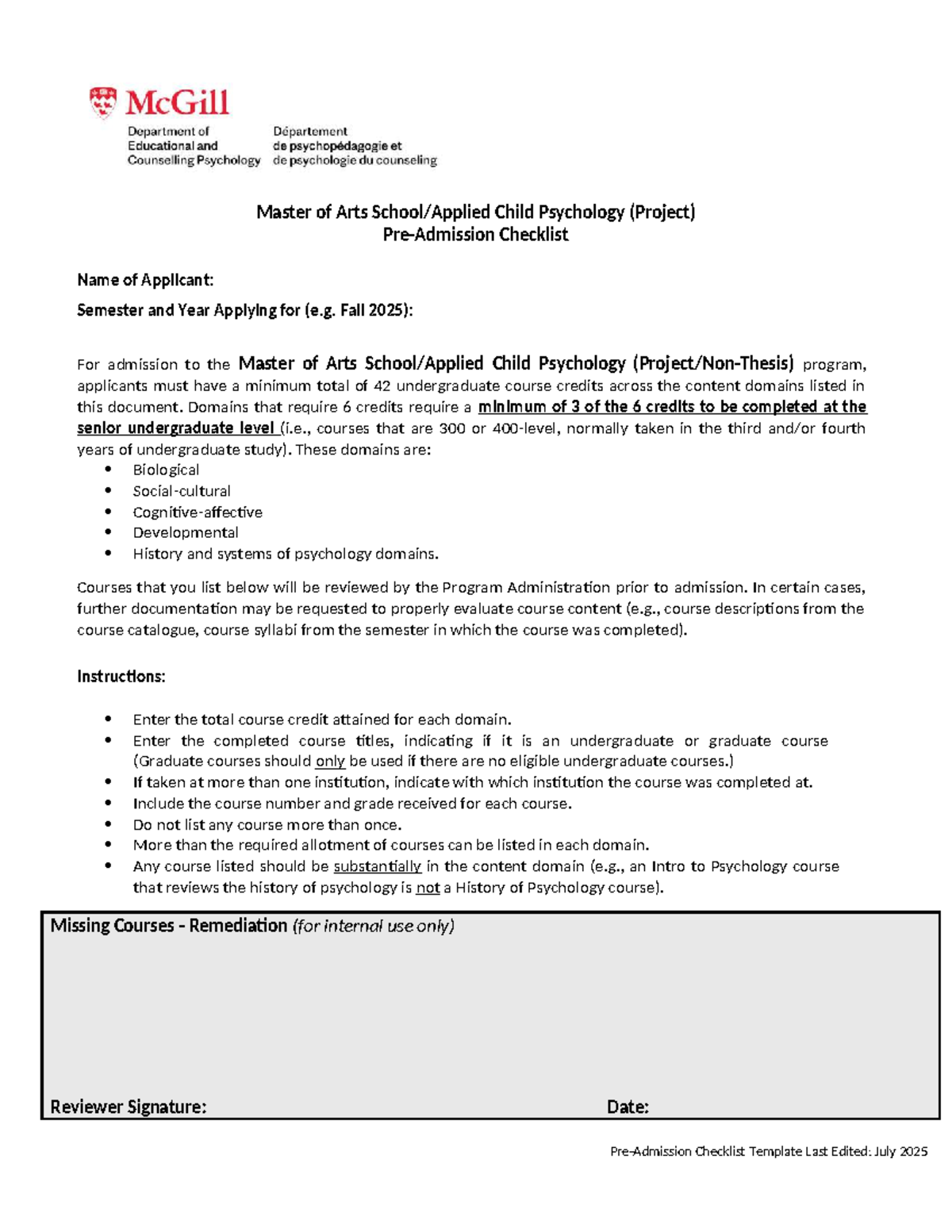 MA Child Psychology Project Pre-Admission Checklist (Fall 2025) - Studocu