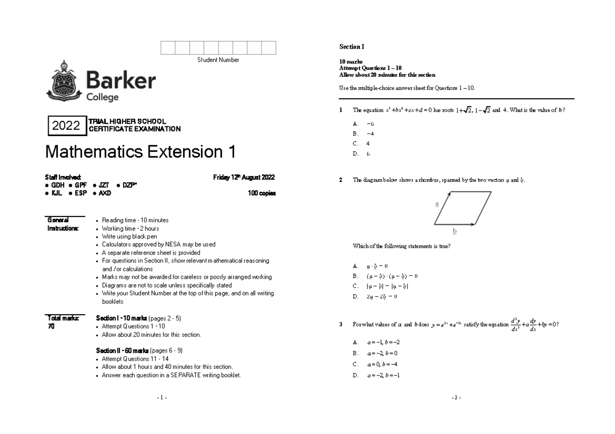2022 HSC Mathematics Extension 1 Trial Exam Solutions (X1) - Studocu