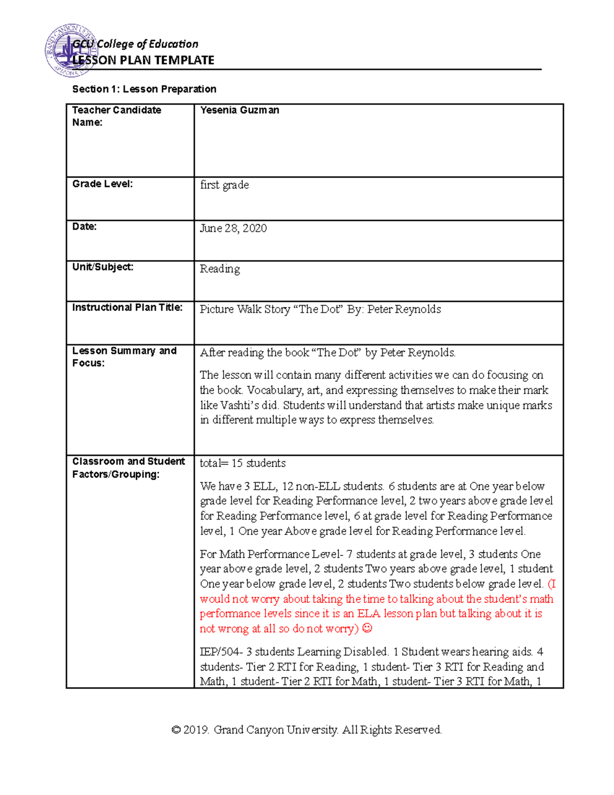 ELM-480Book Walk lesson plan Feedback-y - LESSON PLAN TEMPLATE Section ...