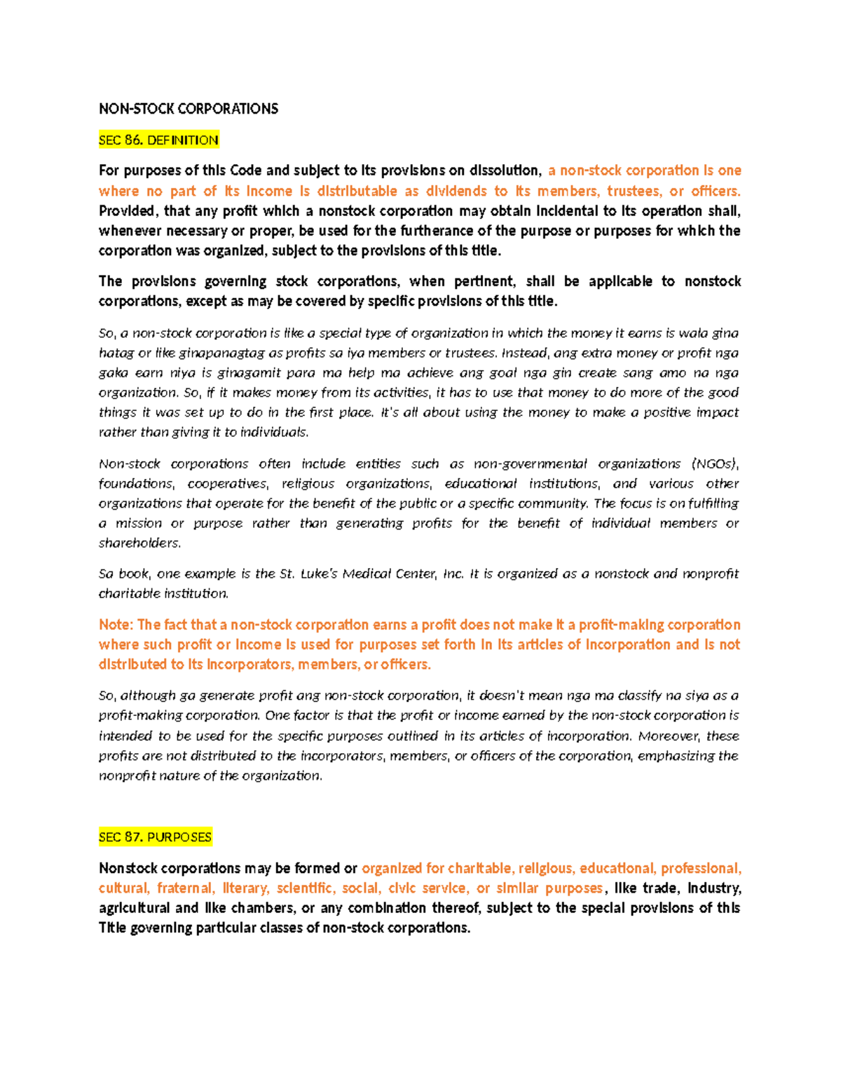 NON - financial accounting assignment - NON-STOCK CORPORATIONS SEC 86 ...