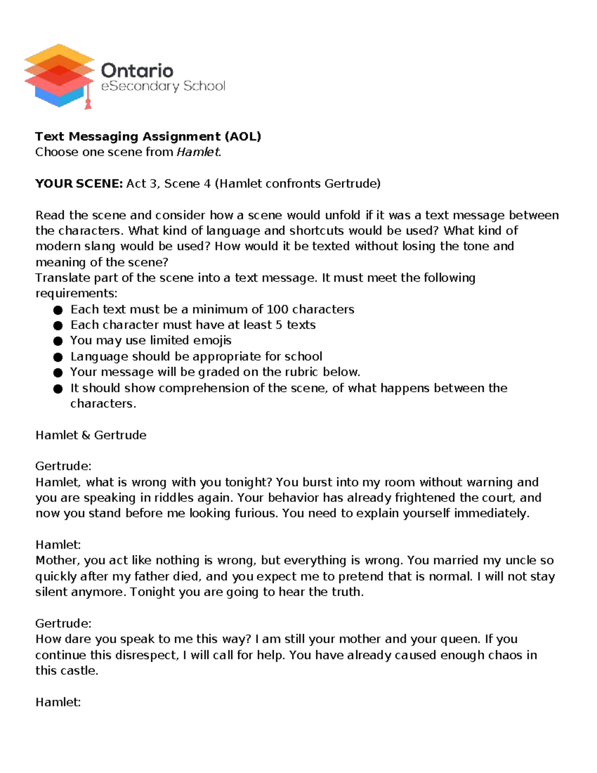 Hamlet Text Messaging Assignment (AOL): Act 3, Scene 4 Analysis - Studocu