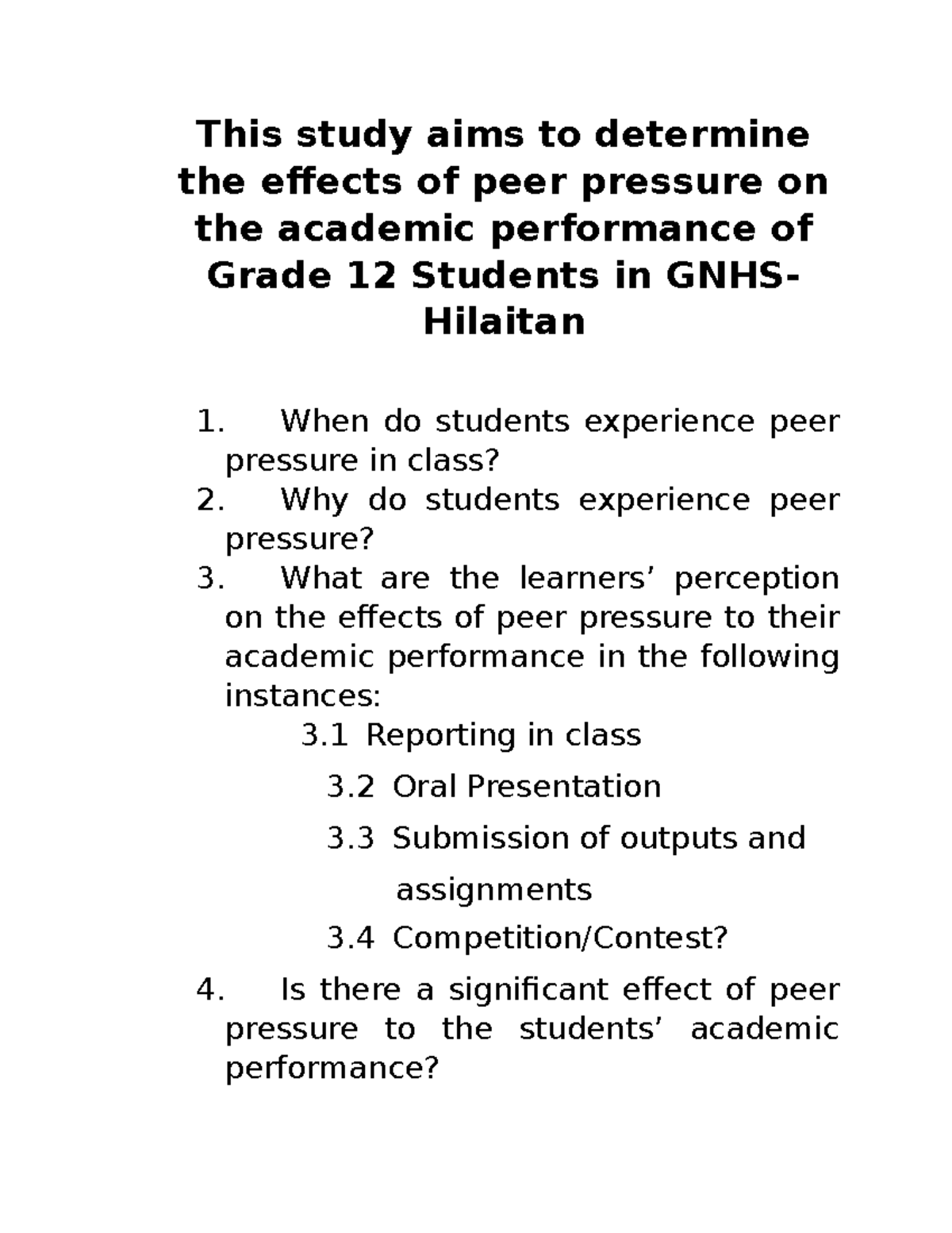 Peer Pressure Effects on Grade 12 Academic Performance: Survey ...