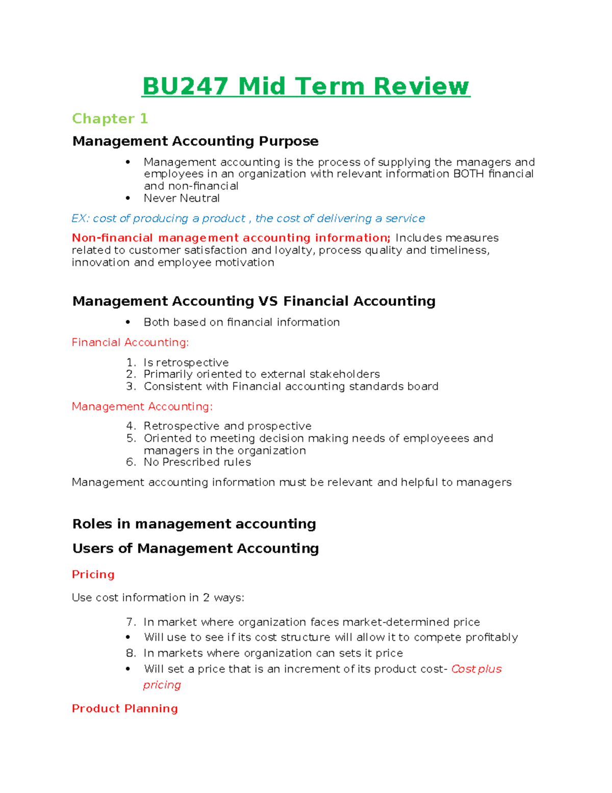 BU247 Midterm Review: Key Concepts in Management Accounting - Studocu