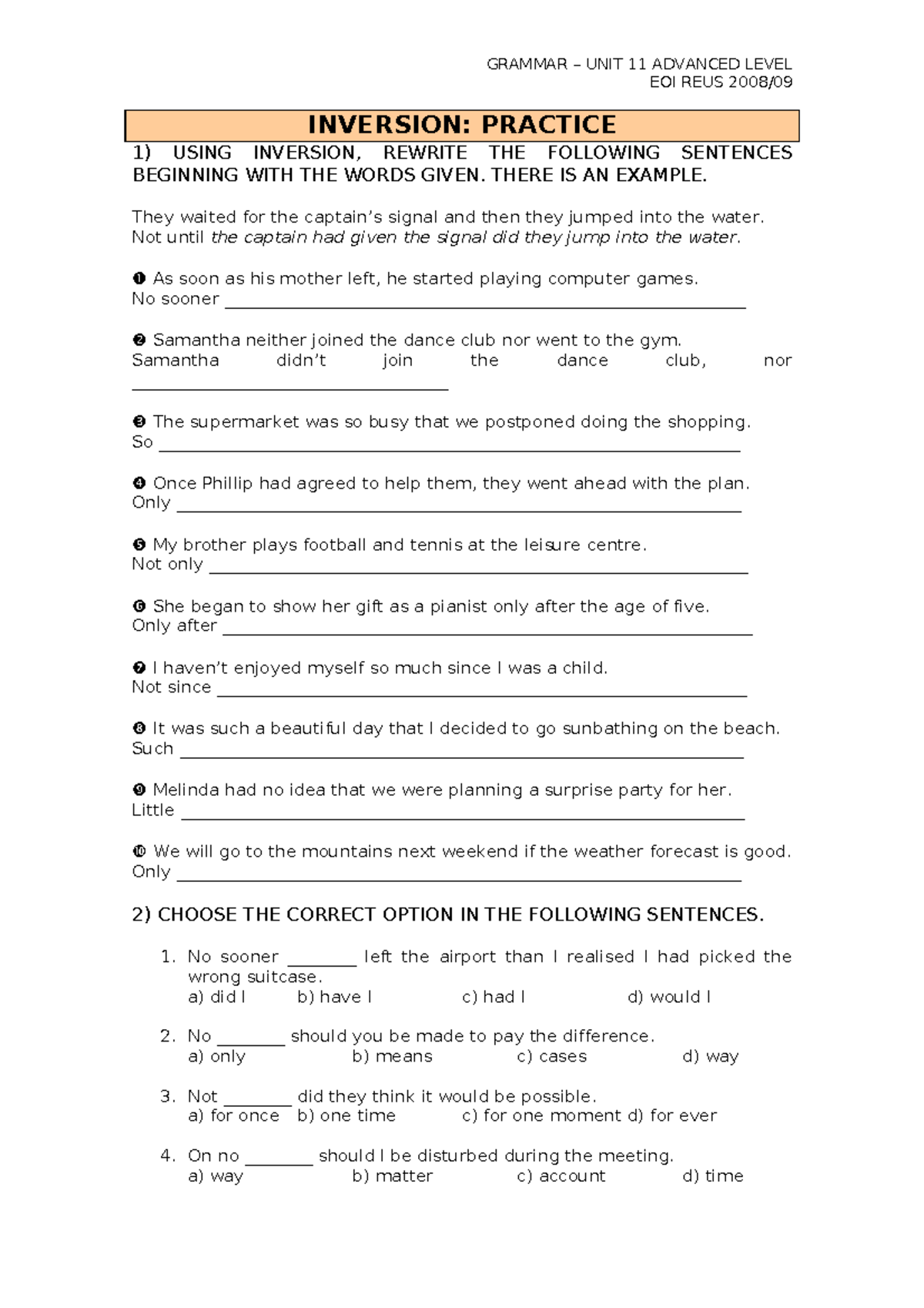 Inversion Practice Worksheet - Advanced Level EOI REUS - Studocu