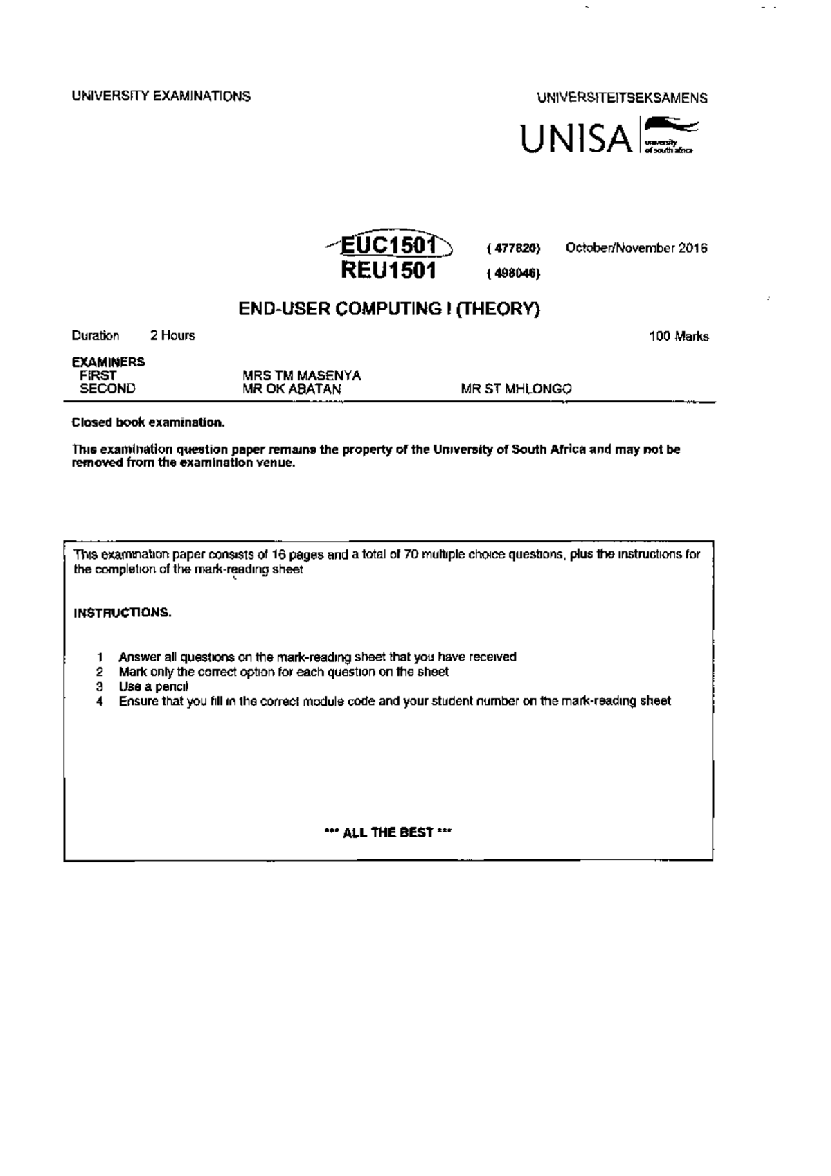 EUC1501 2016-10 Final Exam Paper Analysis and Insights - Studocu
