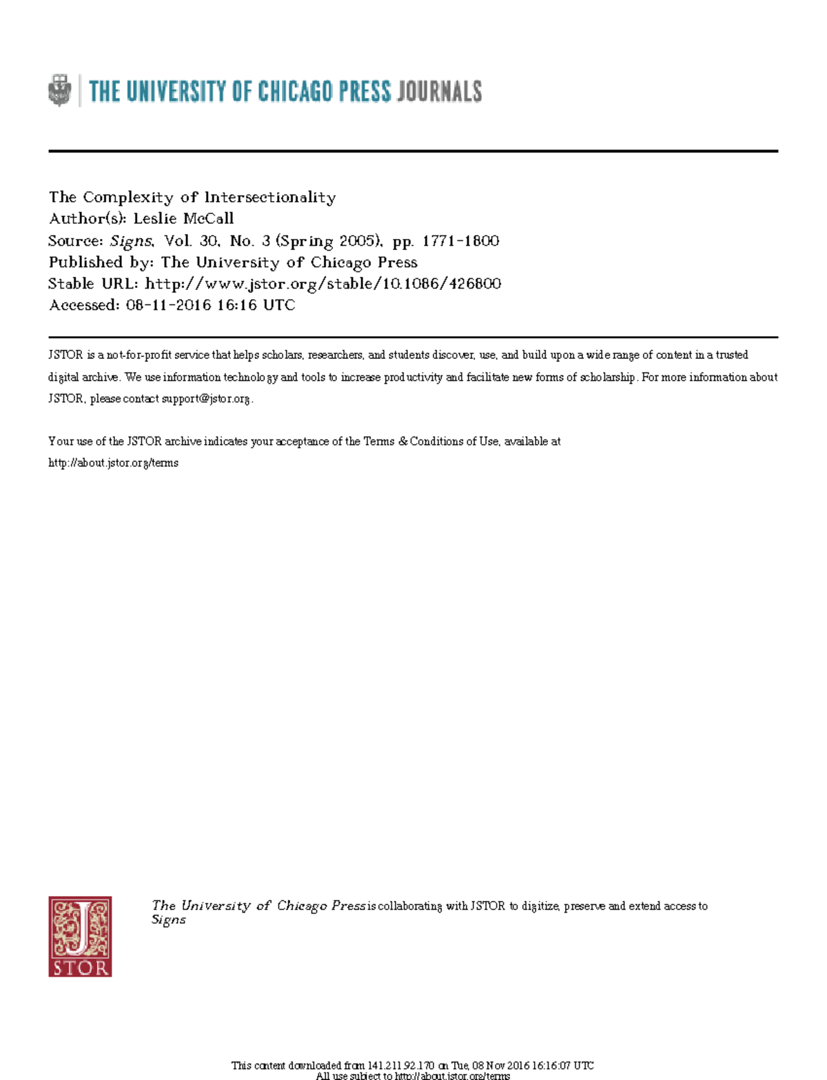 Mc Call (2005 ) The Complex of Intersectionality - The Complexity of ...