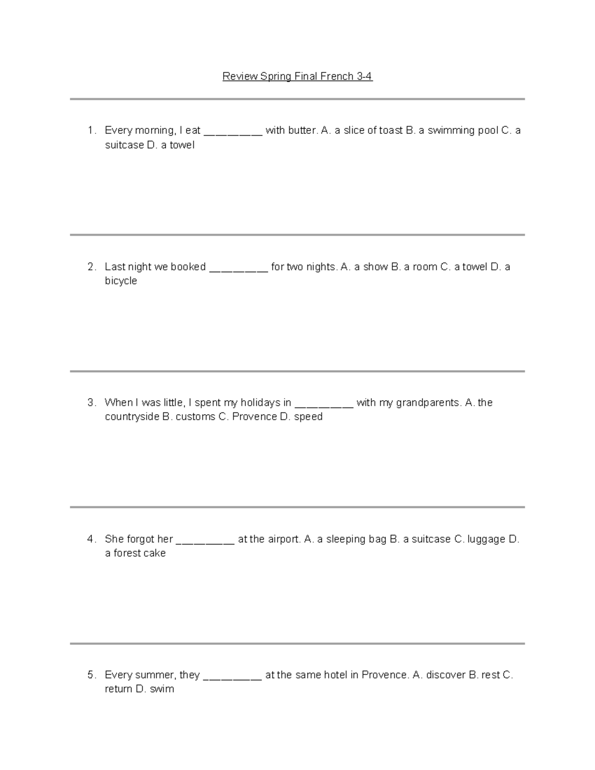 Review Spring Final French 1: Practice Questions and Answers - Studocu