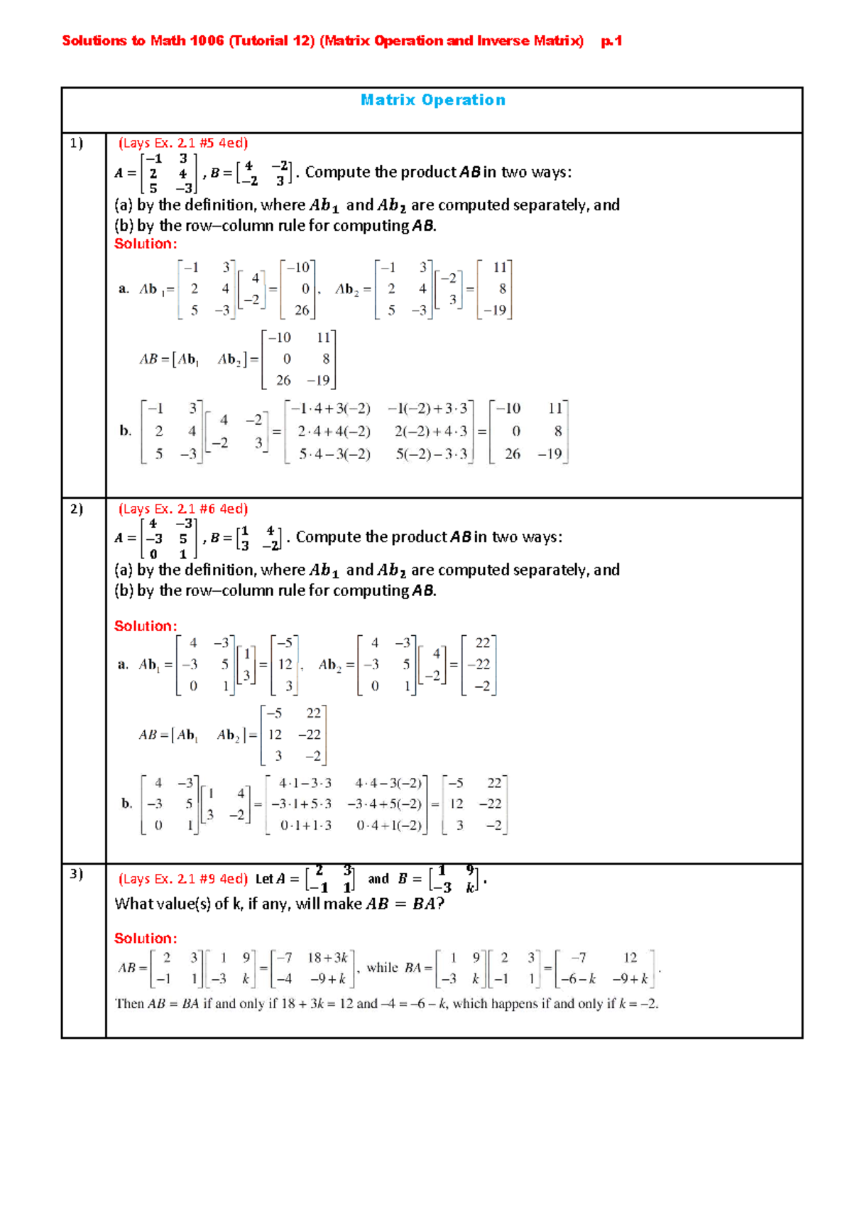 Solutions to Math 1006 (Tutorial 12) - Matrix Operations & Inverses ...
