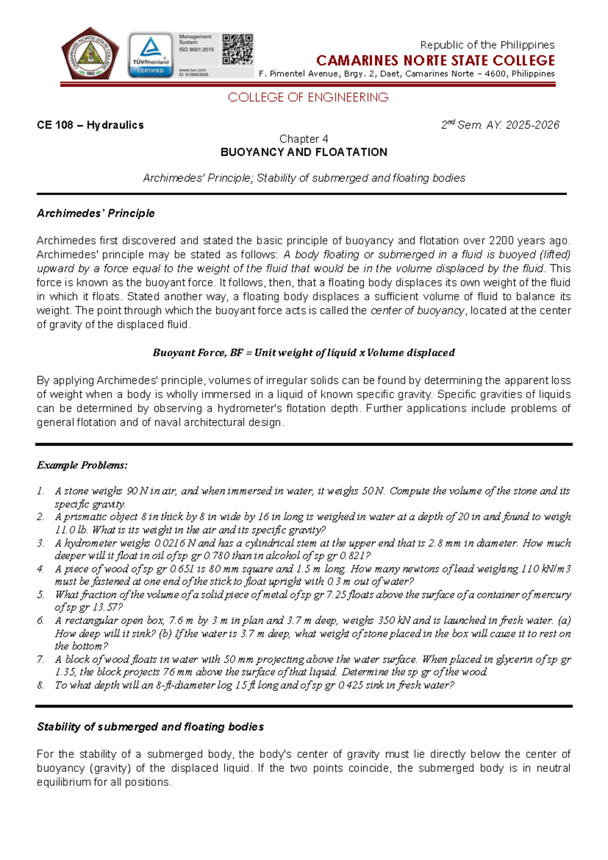 CE 108 2nd Sem. Final Exam Notes: Buoyancy & Floatation Concepts - Studocu