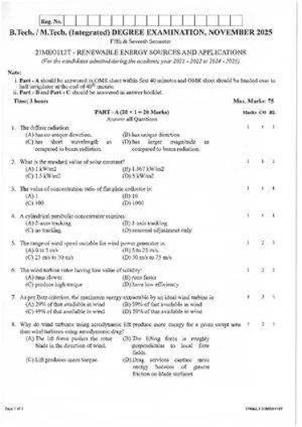 Renewable Energy Applications - B Tech Exam Paper, Nov 2028 - Studocu