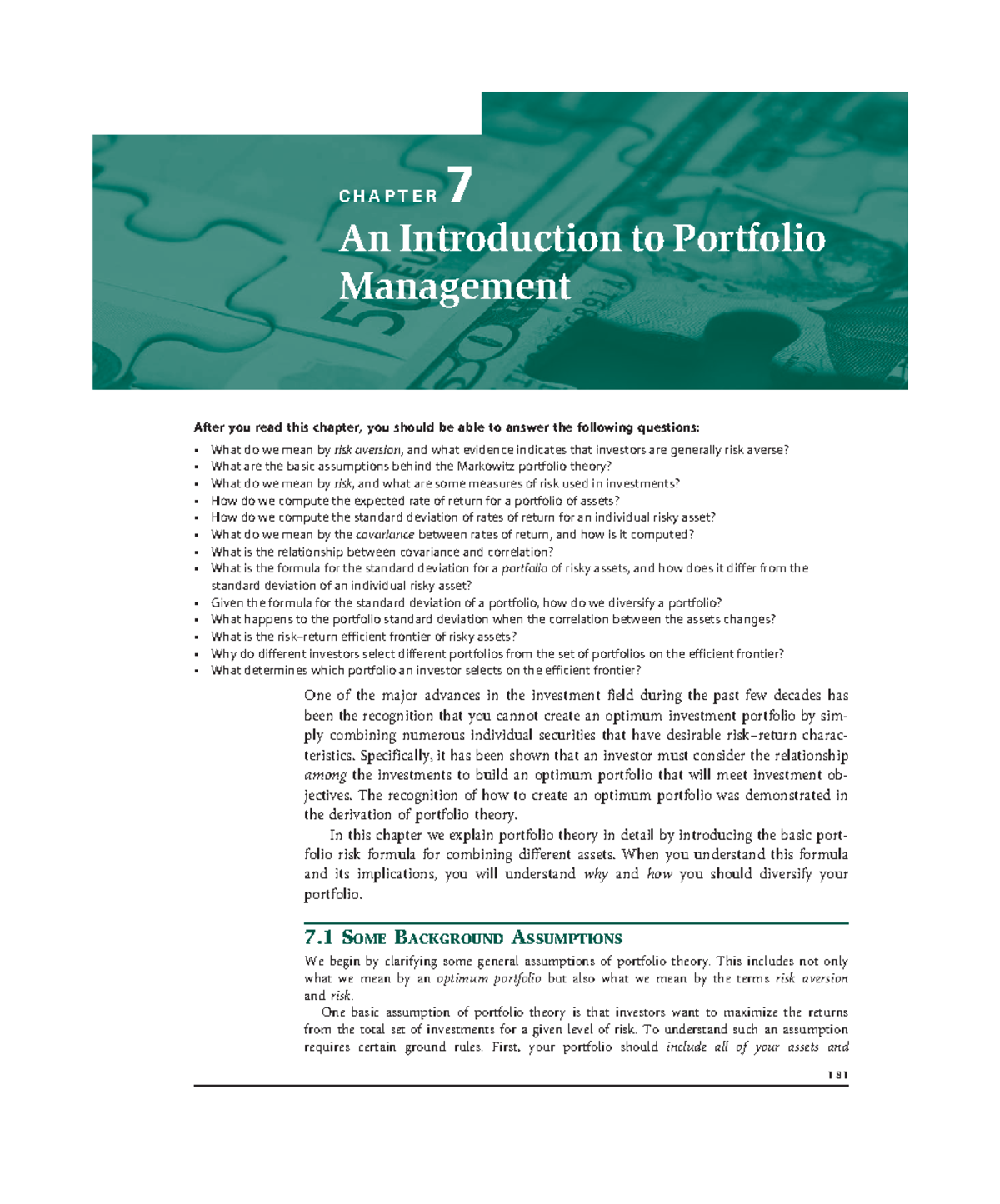 Chap 7 - fadf - C H A P T E R 7 An Introduction to Portfolio Management ...