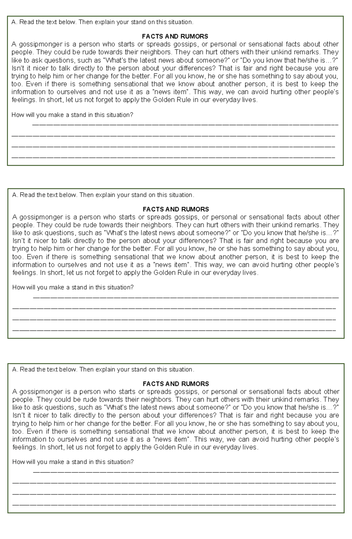 Grade 5: Making a Stand Against Gossip and Rumors - Studocu