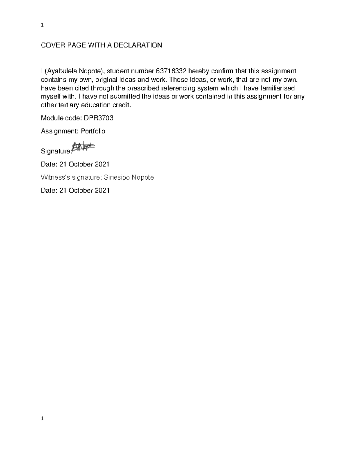 DPR3703 Portfolio - This is the final summative assessment. - COVER ...