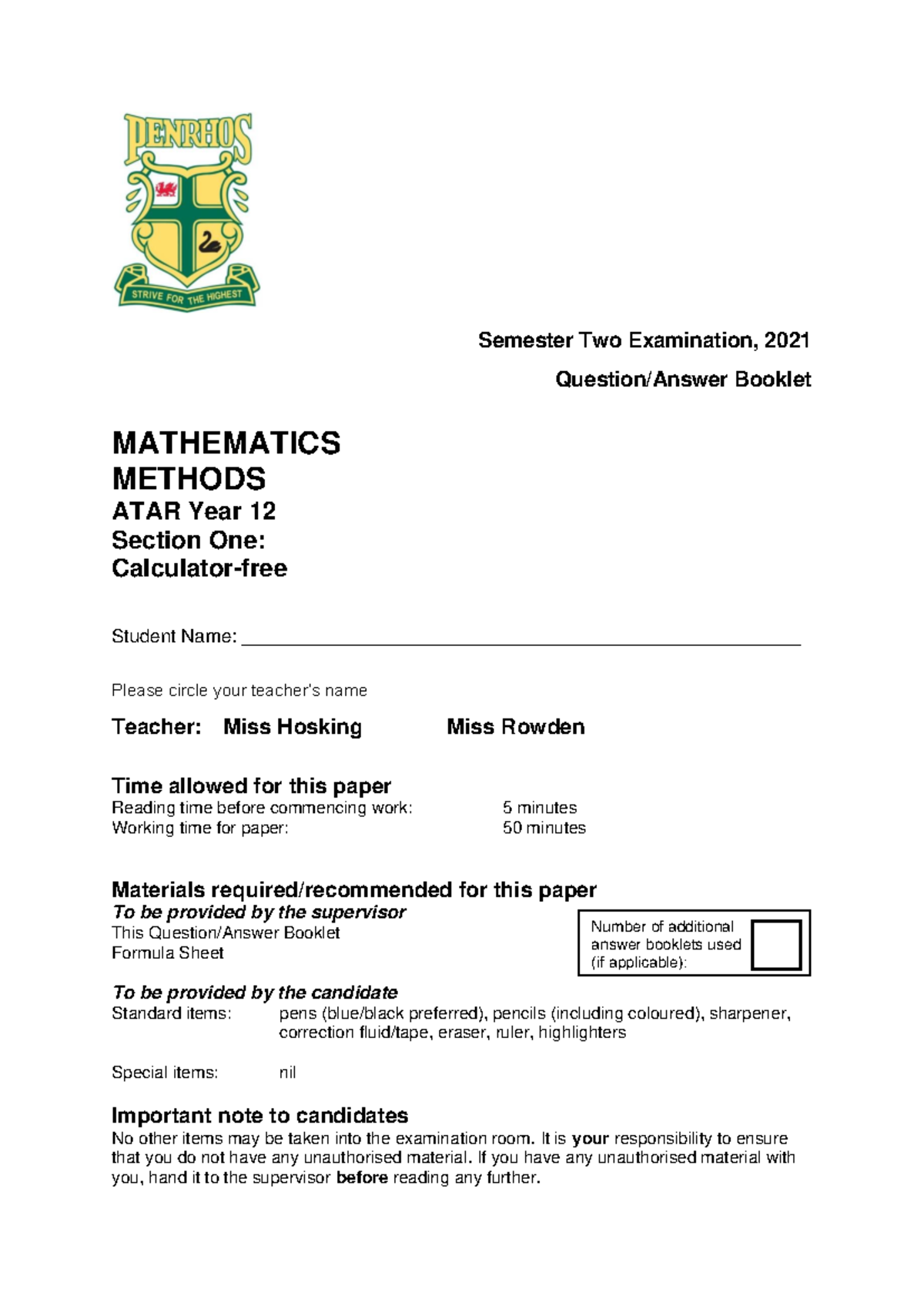 MATHEMATICS METHODS ATAR Year 12 Sem 2 Exam Booklet 2021 - Studocu