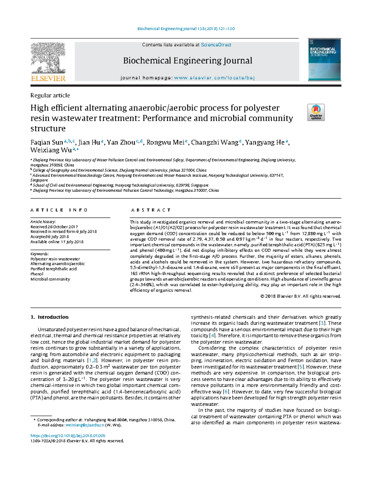 High Efficiency Alternating Process for Polyester Resin Wastewater ...