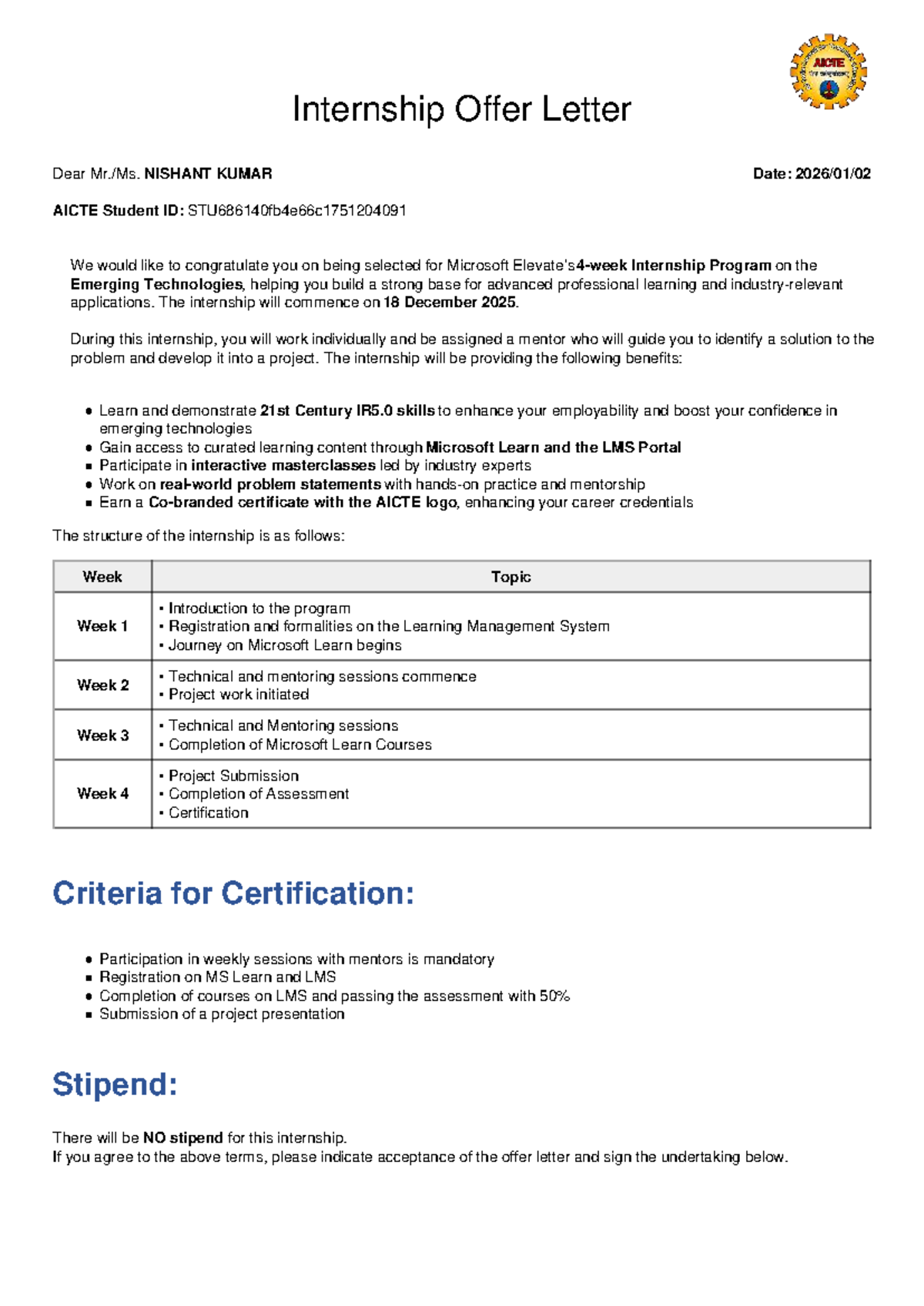 Microsoft Internship Offer Letter - NISHANT KUMAR (AICTE ID: STU686140 ...