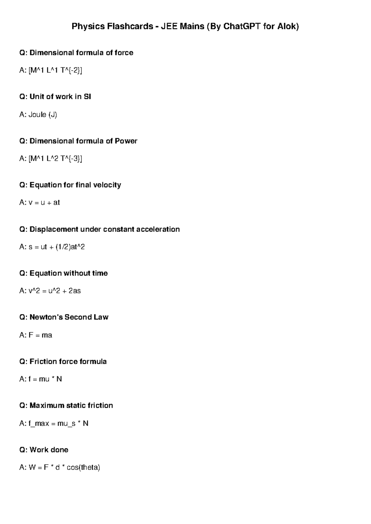 Physics Flashcards for JEE Mains: Key Concepts & Formulas - Studocu