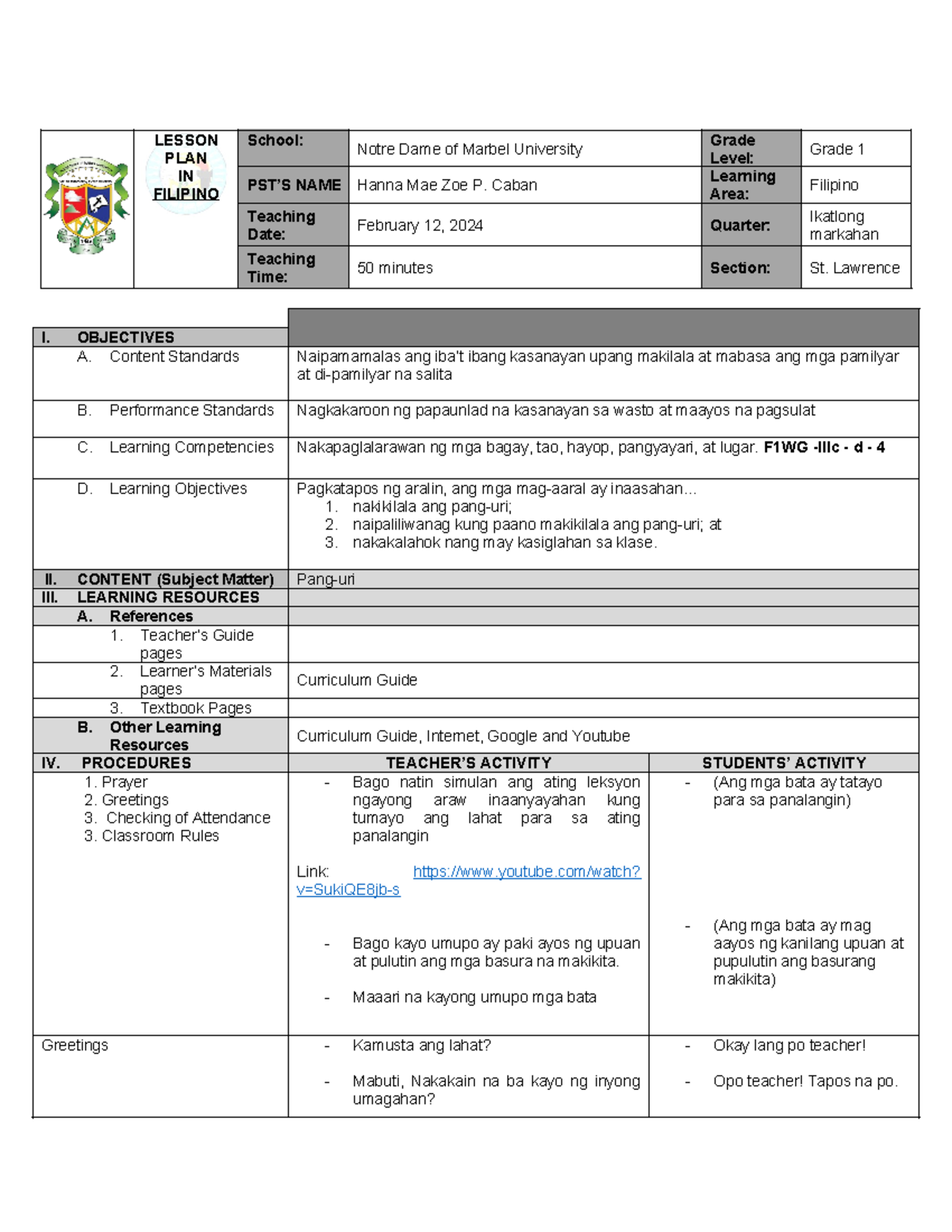Lesson Plan on Pang Uri for Grade 1 Filipino Class (February 2024 ...