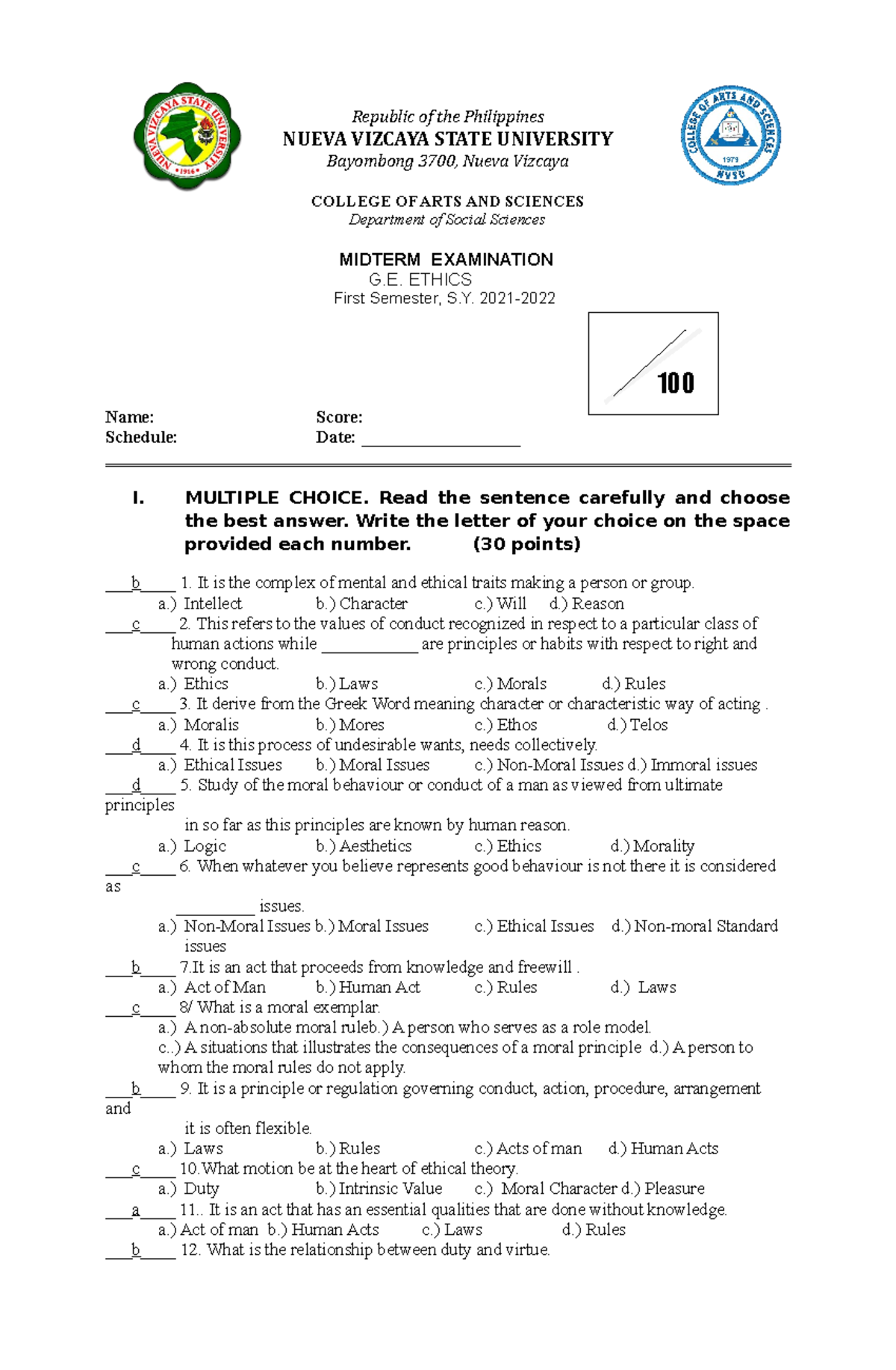 Midterm Exam in GE Ethics - Comprehensive Study Questions and Case ...