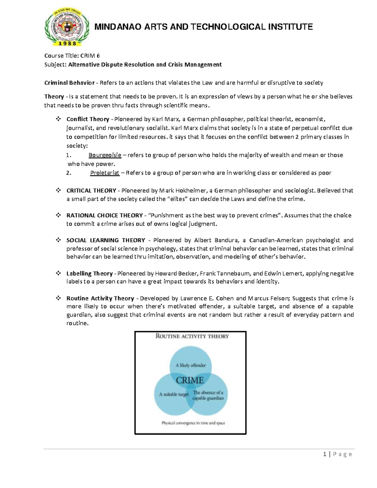 CRIM 6: Alternative Dispute Resolution & Criminal Behavior Module 1 ...