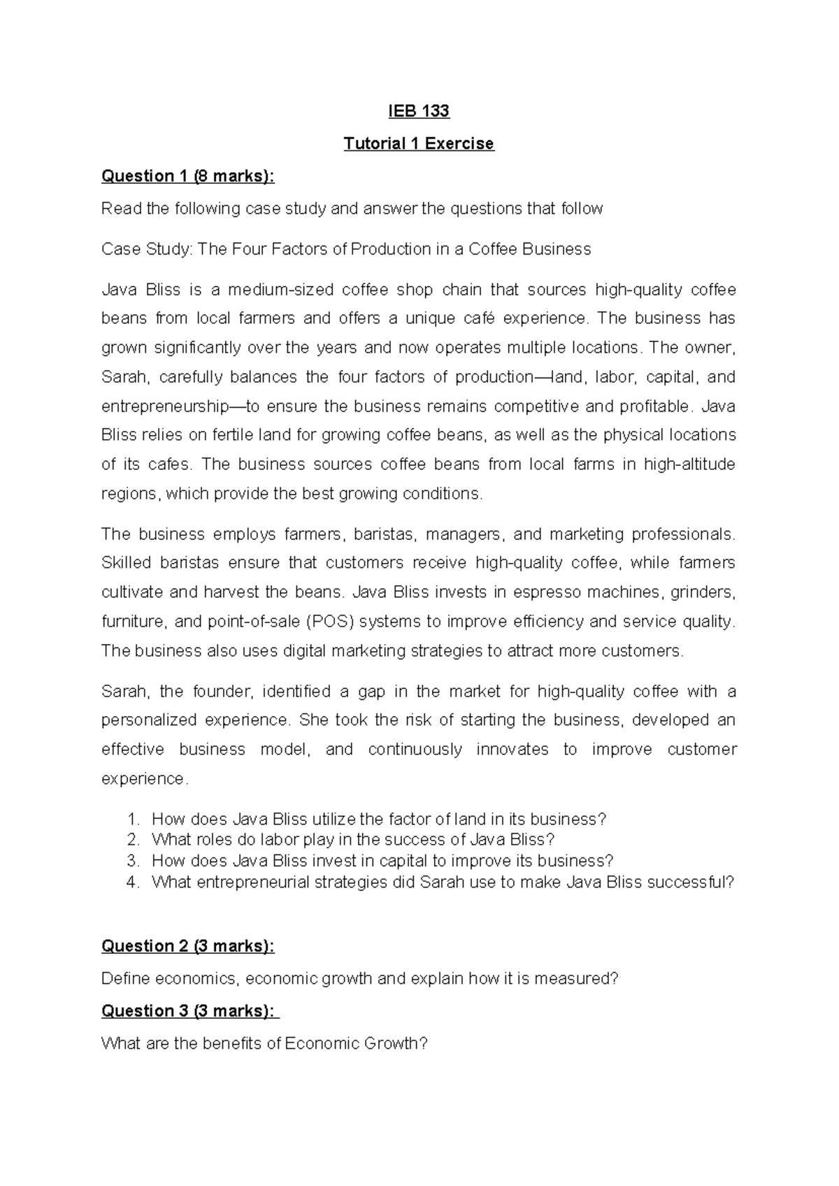 IEB 133 Tutorial 1: Case Study on Java Bliss Coffee Business - Studocu