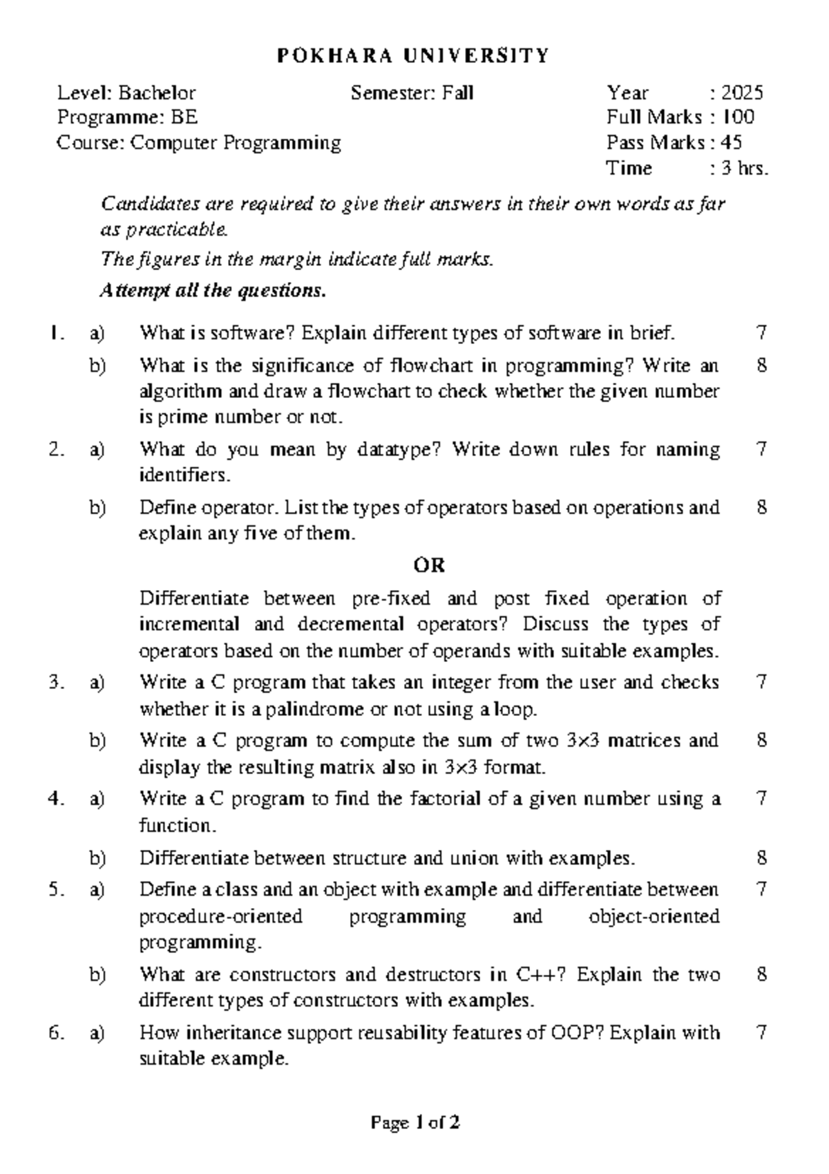 Computer Programming (BE) - Fall 2025 Exam Questions and Guidelines ...