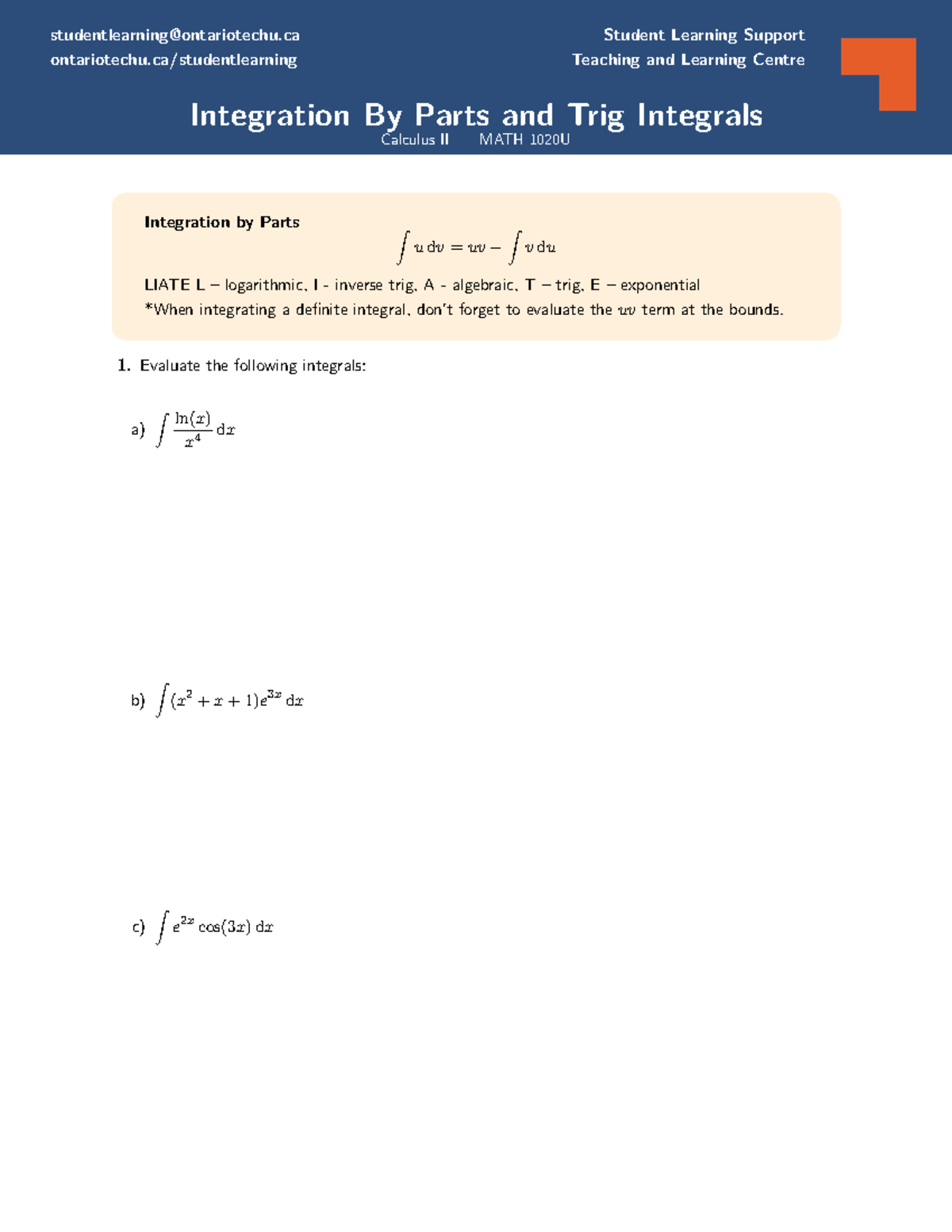 MATH 1020U Final Exam: Integration by Parts & Trig Integrals - Studocu