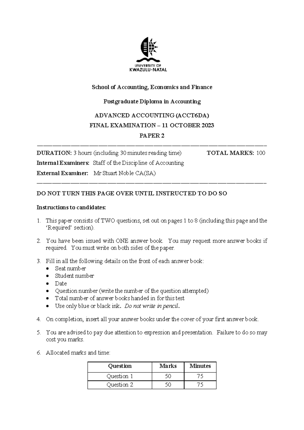 ACCT6DA Advanced Accounting Final Exam Paper 2 - 11 Oct 2023 - Studocu