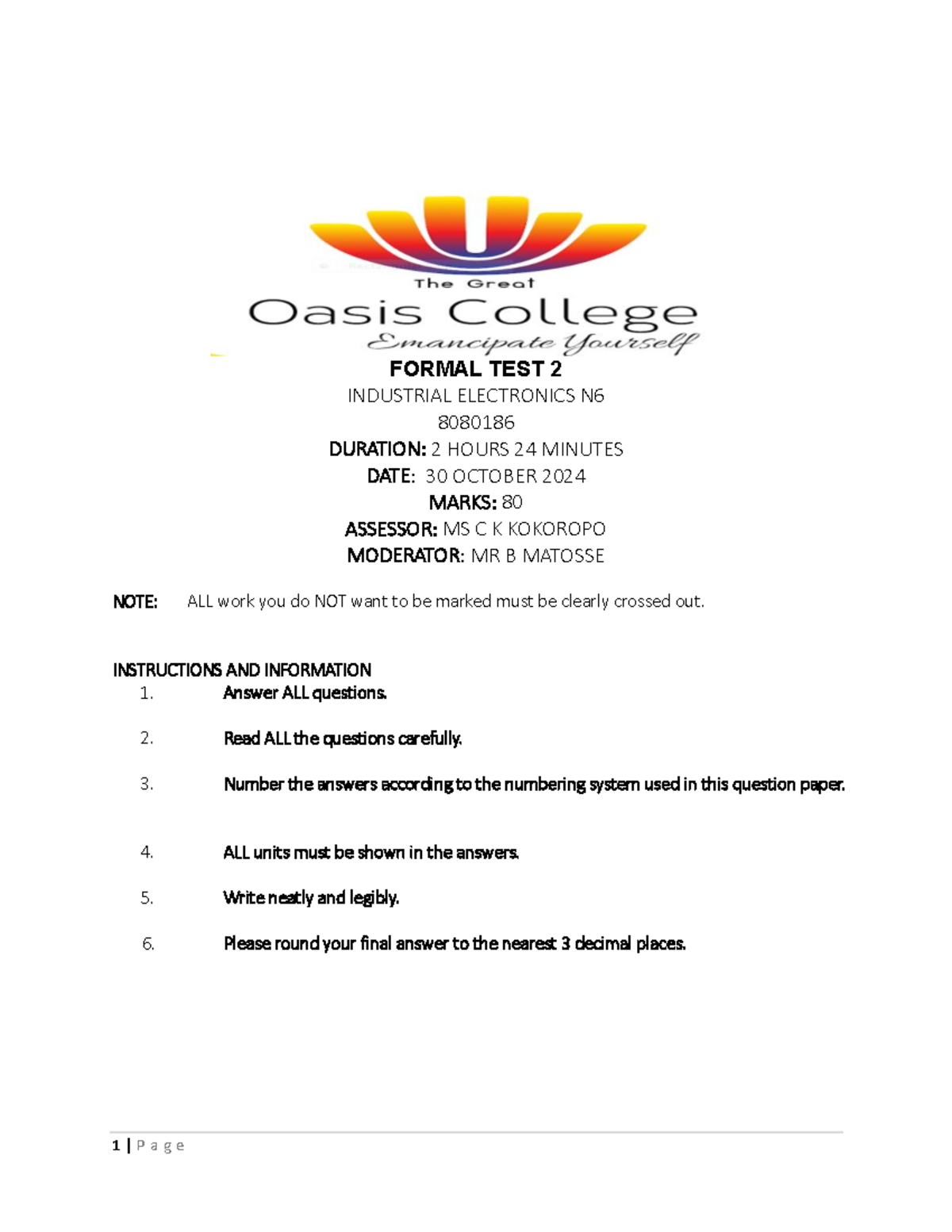 N6 Industrial Electronics Formal Test 2 (8080186) - 30 Oct 2024 - Studocu