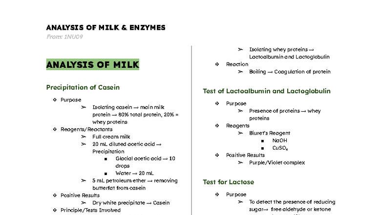 1NU09 LAB ANALYSIS OF MILK ENZYMES AND PROTEINS - Studocu