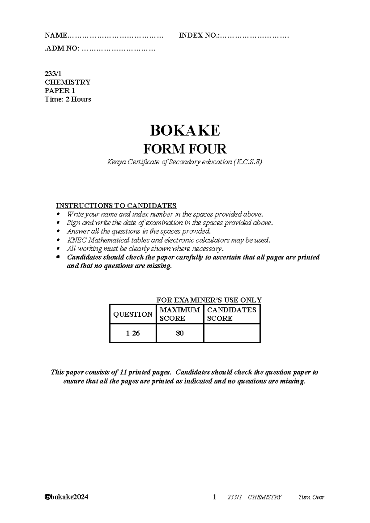 Chemistry Paper 1 - K.C.S.E 2024 FM4 Exam Guide - Studocu
