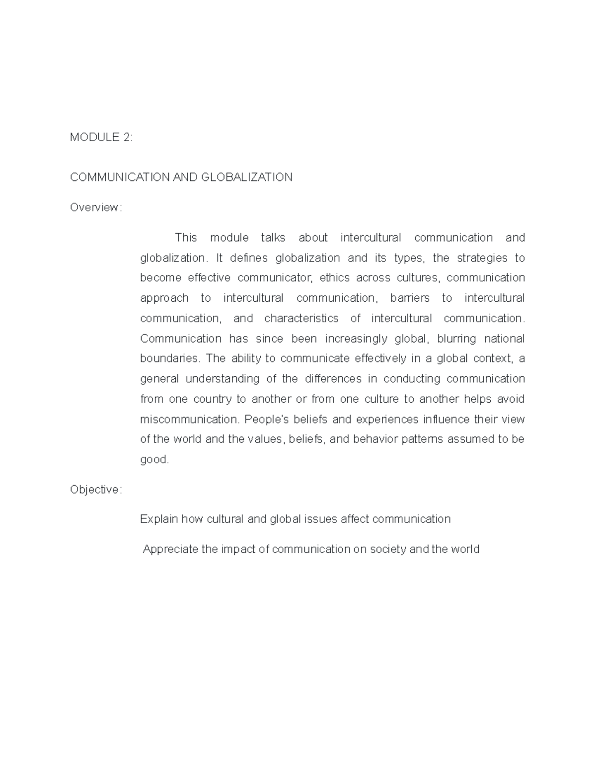 Module 2: Effective Communication in Globalization Contexts - Studocu